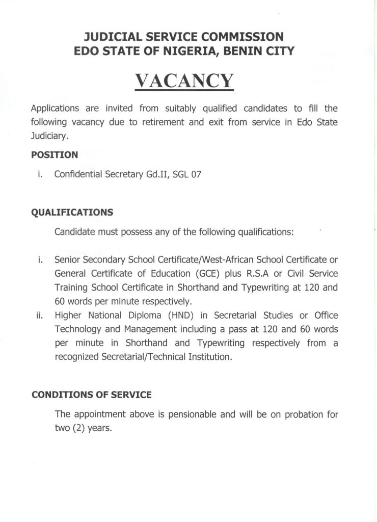 Judicial Service Commission; Confidential Secretaries Position Vacancy ...