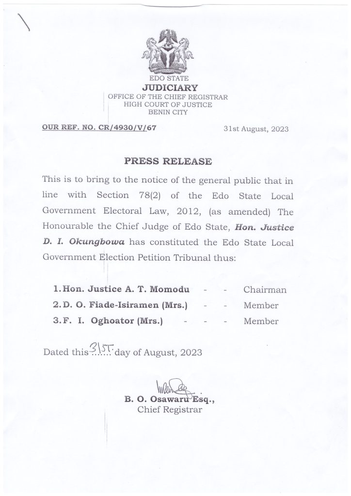 Press Release Edo State Local Government Election Petition Tribunal